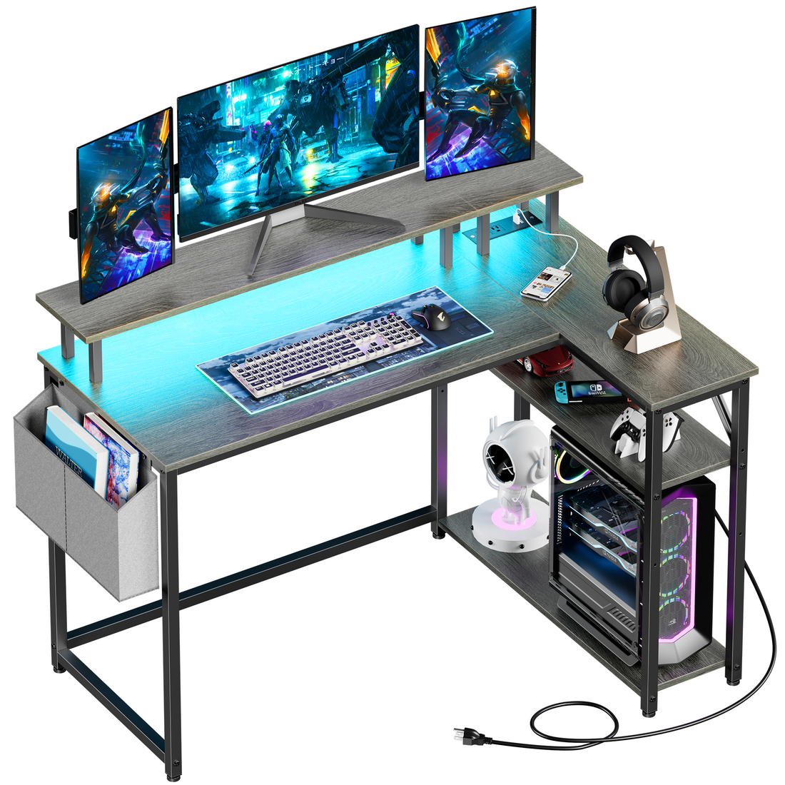 JOZ L-Shaped Desk with Power Outlets, LED Lights, and Monitor Stand, 4 ...
